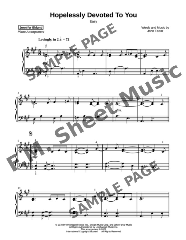 Hopelessly Devoted To You From Grease Easy Piano By Olivia Newton